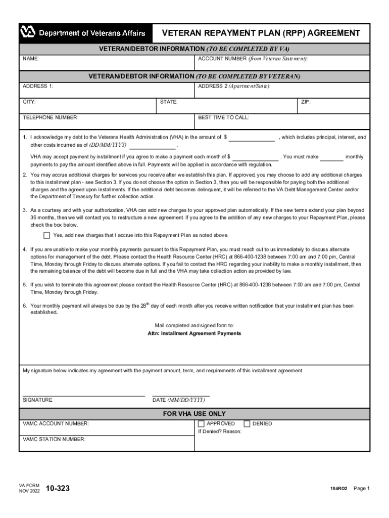 Fillable Online VA Form 10-323. VETERAN REPAYMENT PLAN (R P P ...