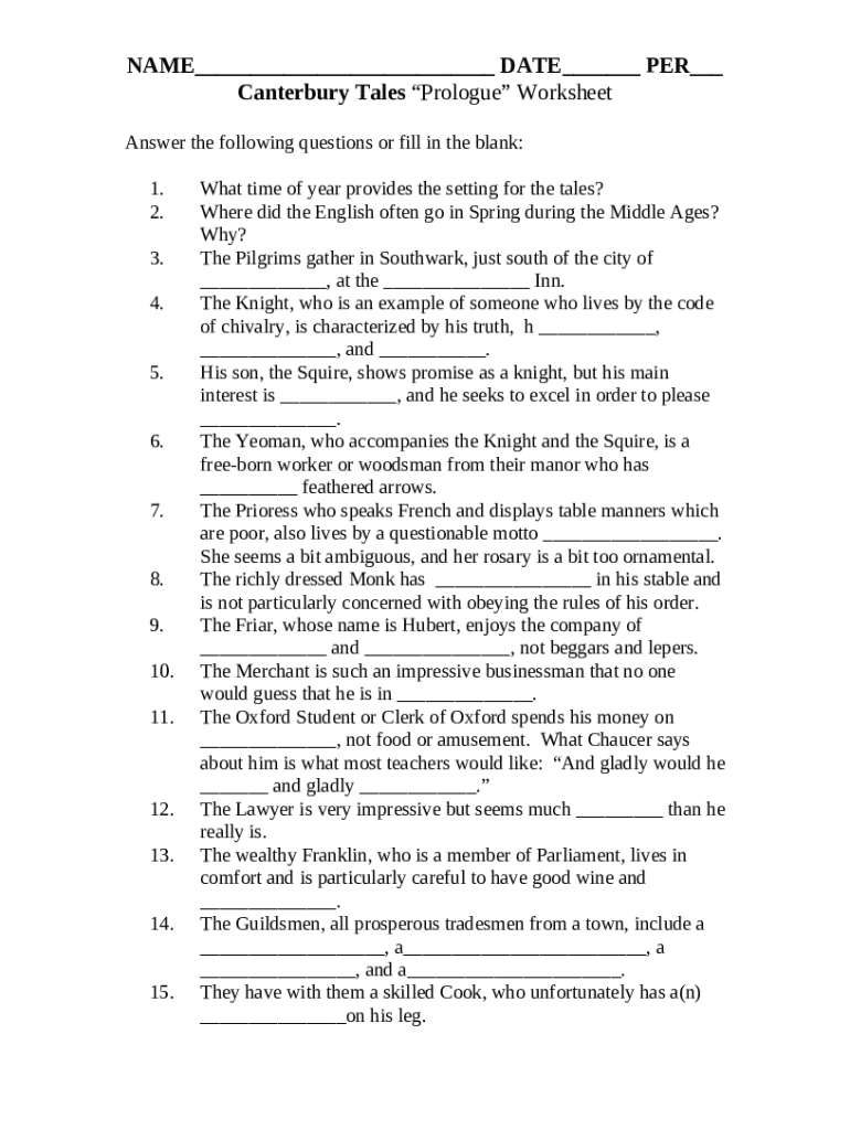 canterbury tales prologue worksheet.doc - NAME DATE PER Doc Template ...