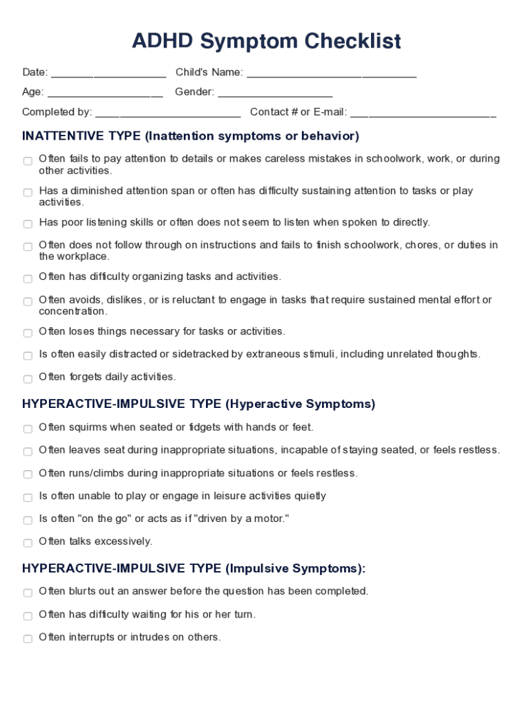 Fillable Online ADHD Symptom Checklist PDF. Assess if your patient has ...