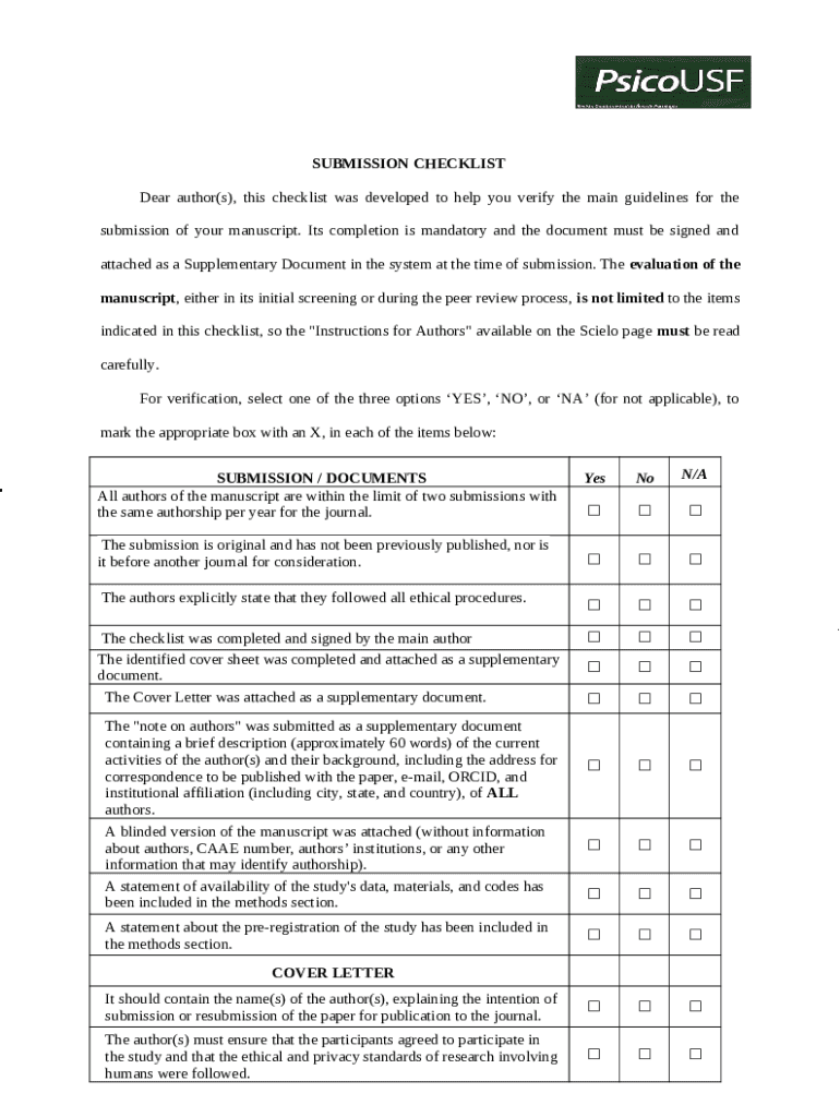 SUBMISSION CHECKLIST Dear author(s), this ... Doc Template | pdfFiller