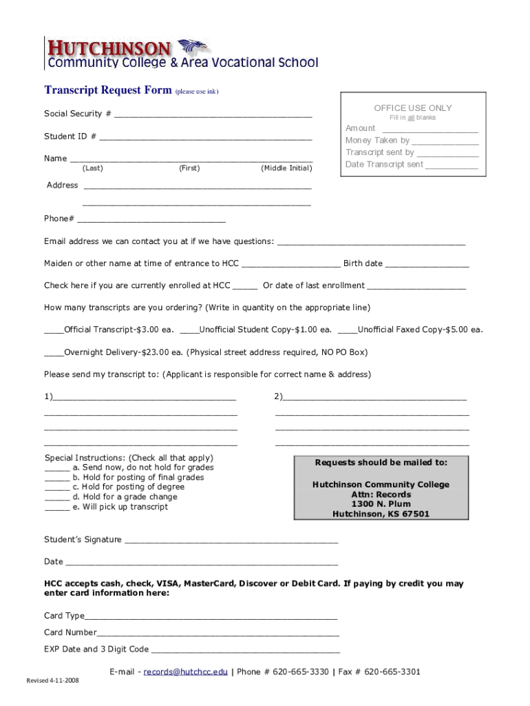Fillable Online Free Hcc Transcript Request Form: Fillable ...