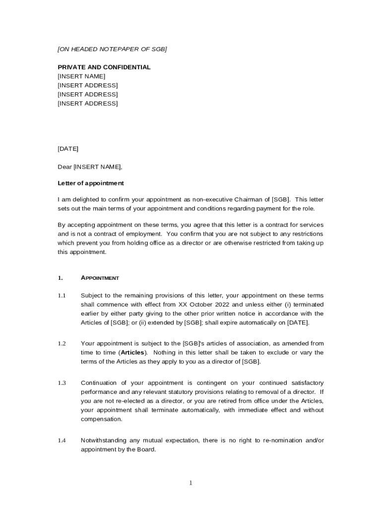 Letter of appointment for a non-executive chairman Doc Template | pdfFiller