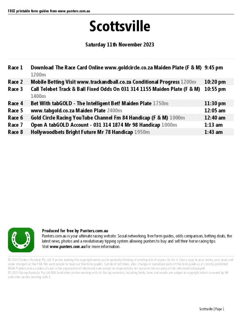 Fillable Online Scottsville Horse Racing Form Guide, Speed Maps & Odds ... Fax Email Print ...