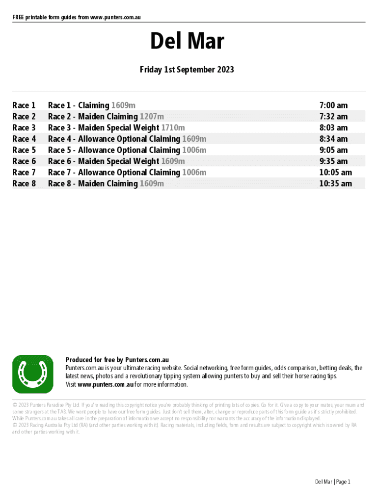 Fillable Online Del Mar Printable Form Guide - Friday 1st September ...