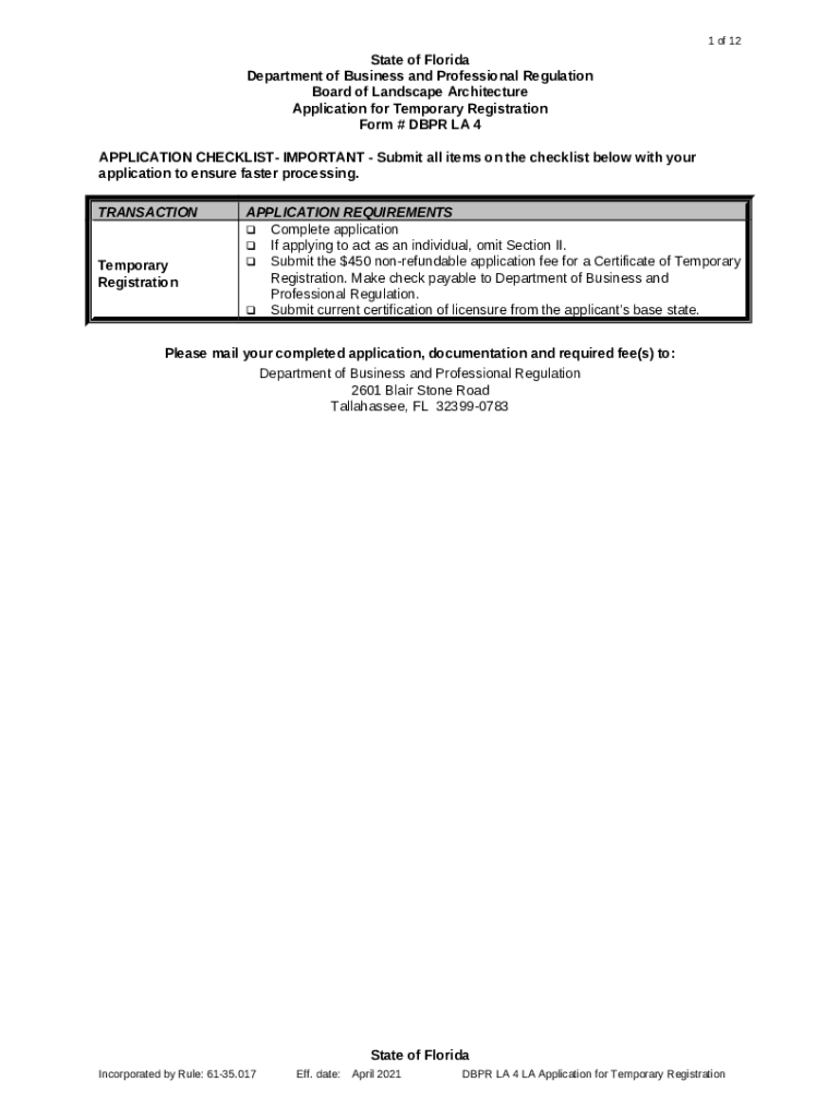 DBPR LA 4 - Application for Licensure Certificate of Temporary ...