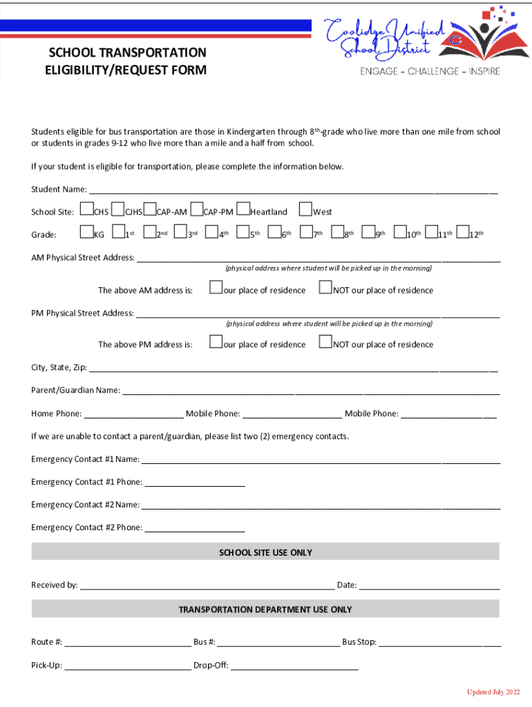 Fillable Online SCHOOL TRANSPORTATION ELIGIBILITY/REQUEST FORM Fax ...