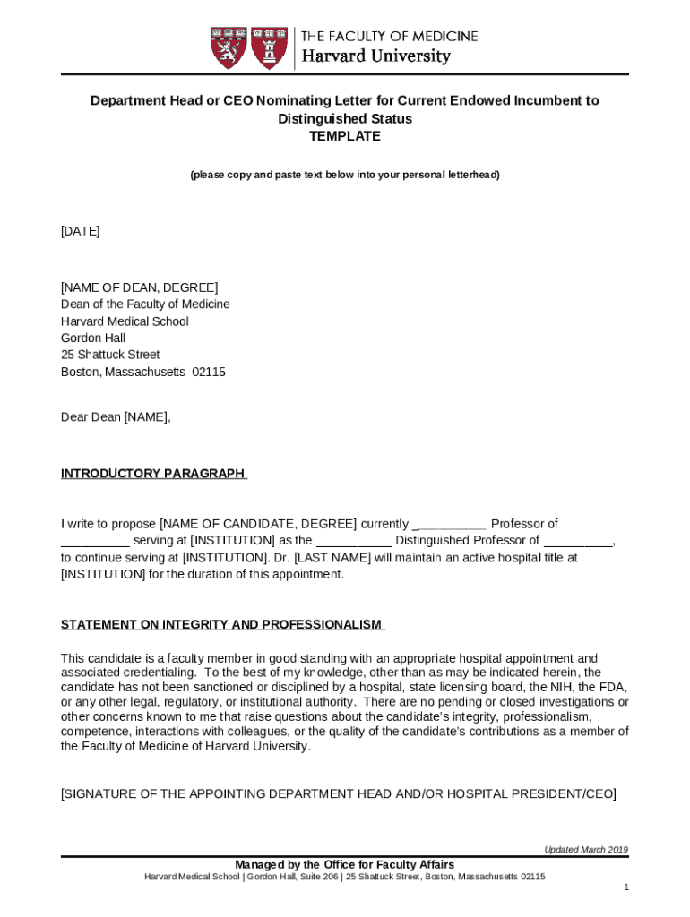 Department Head or CEO Letter Proposing Incumbent for an ... Doc Template | pdfFiller