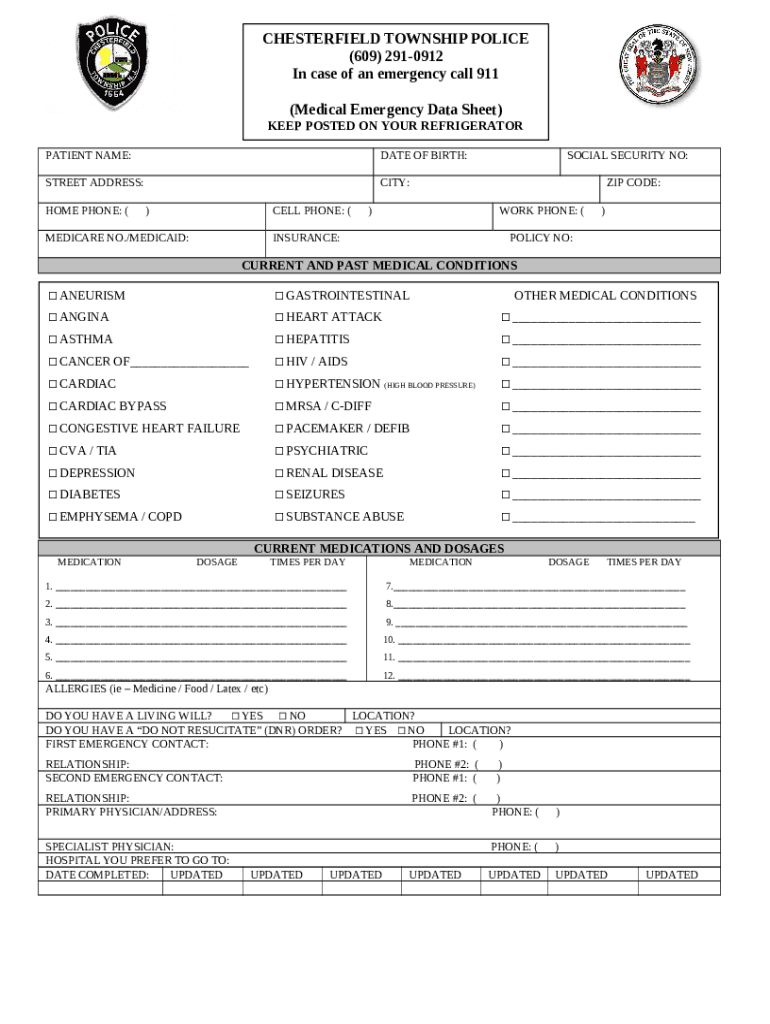 Medical Emergency Data Sheet Doc Template | pdfFiller