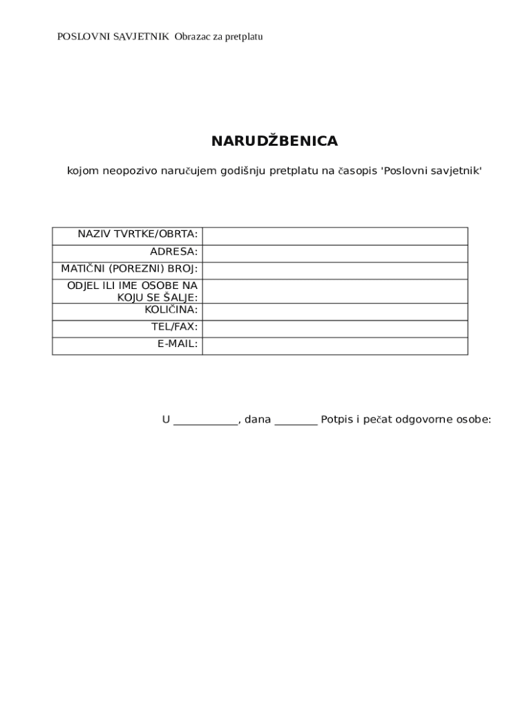 kojom neopozivo naruujem godinju pretplatu na asopis 'Poslovni savjetnik' Doc Template | pdfFiller