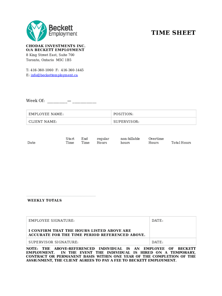 Time Sheet - Beckett Employment Doc Template | pdfFiller
