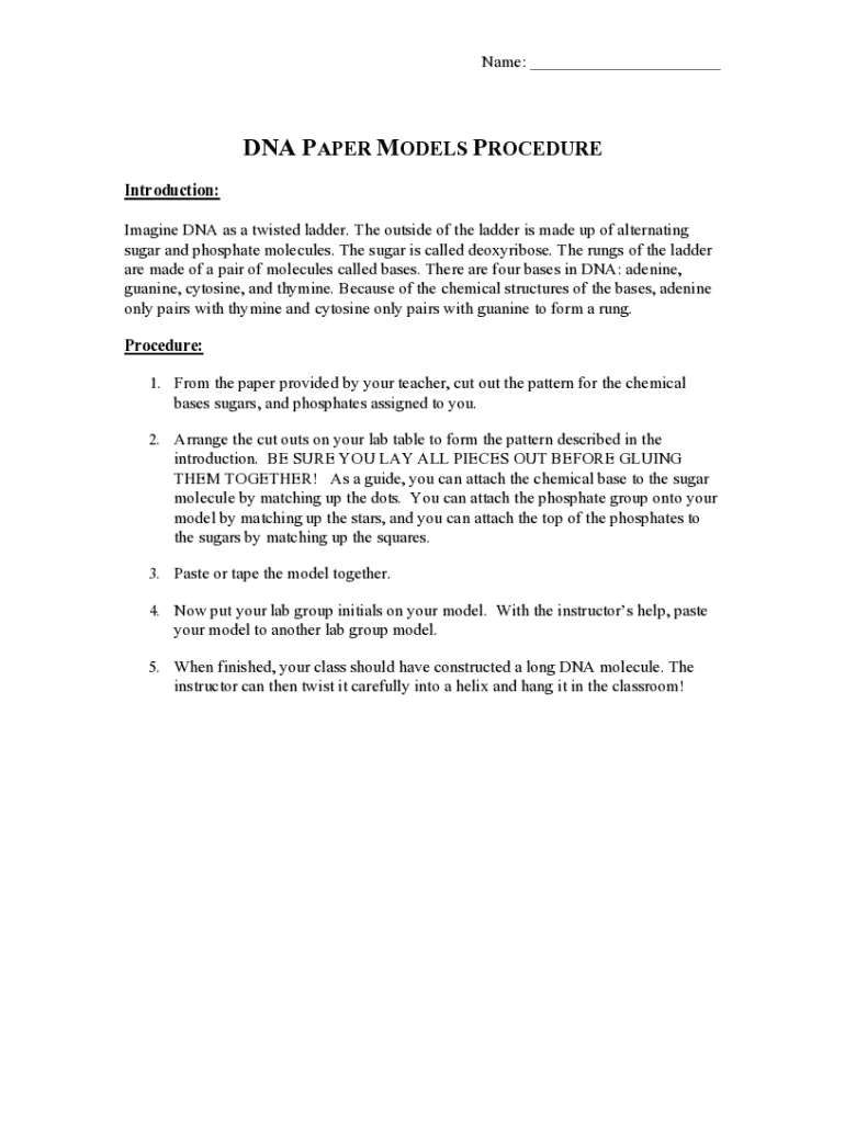 Fillable Online DNA Paper Models Activity Key.docx - Name: Key Class ...