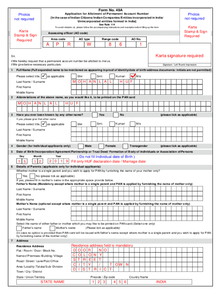 Fillable Online Get Form No. 49A Application For Allotment Of Permanent ...