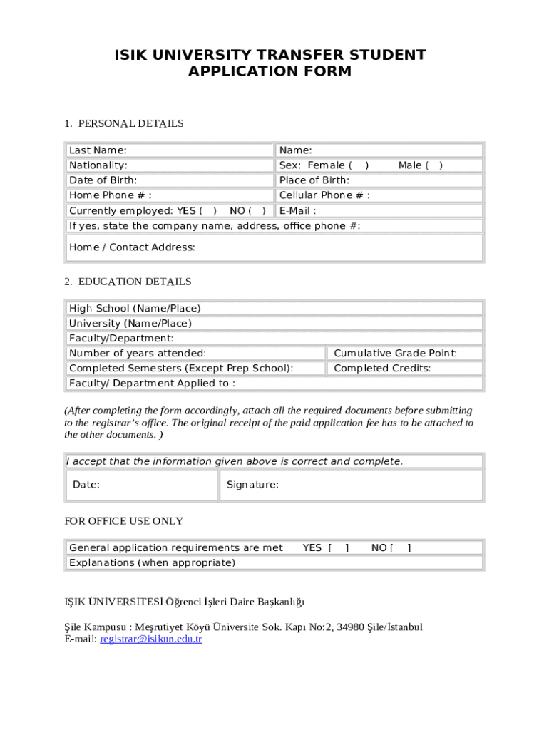 ISIK UNIVERSITY TRANSFER STUDENT APPLICATION Doc Template | pdfFiller