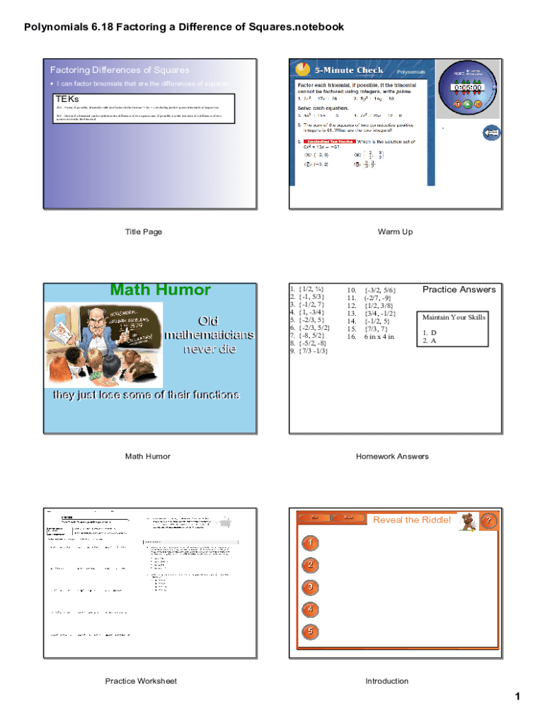 Fillable Online Polynomials 6.18 Factoring a Difference of Squares ...
