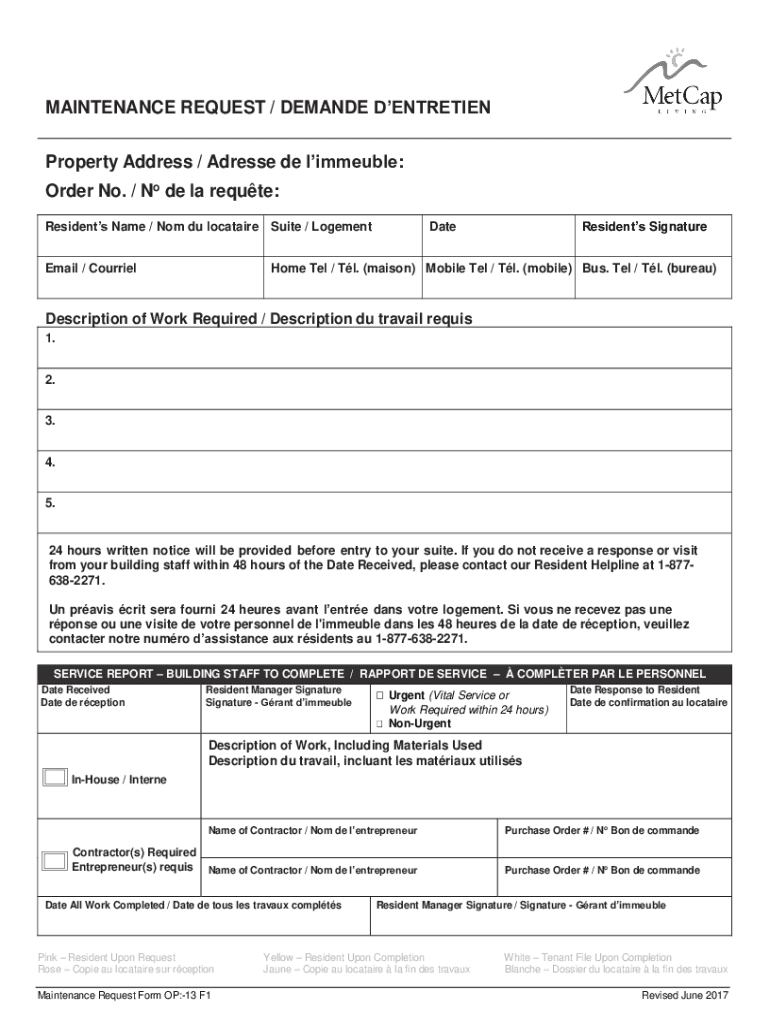 Remplissable En Ligne Maintenance Request Form OP-13 F1 (0617).pdf Fax ...