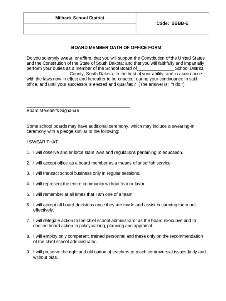 Board Member Oath of Office - Milbank School District Doc Template ...