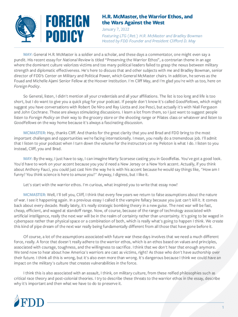 Fillable Online HR McMaster, the Warrior Ethos, and the Wars Against ...