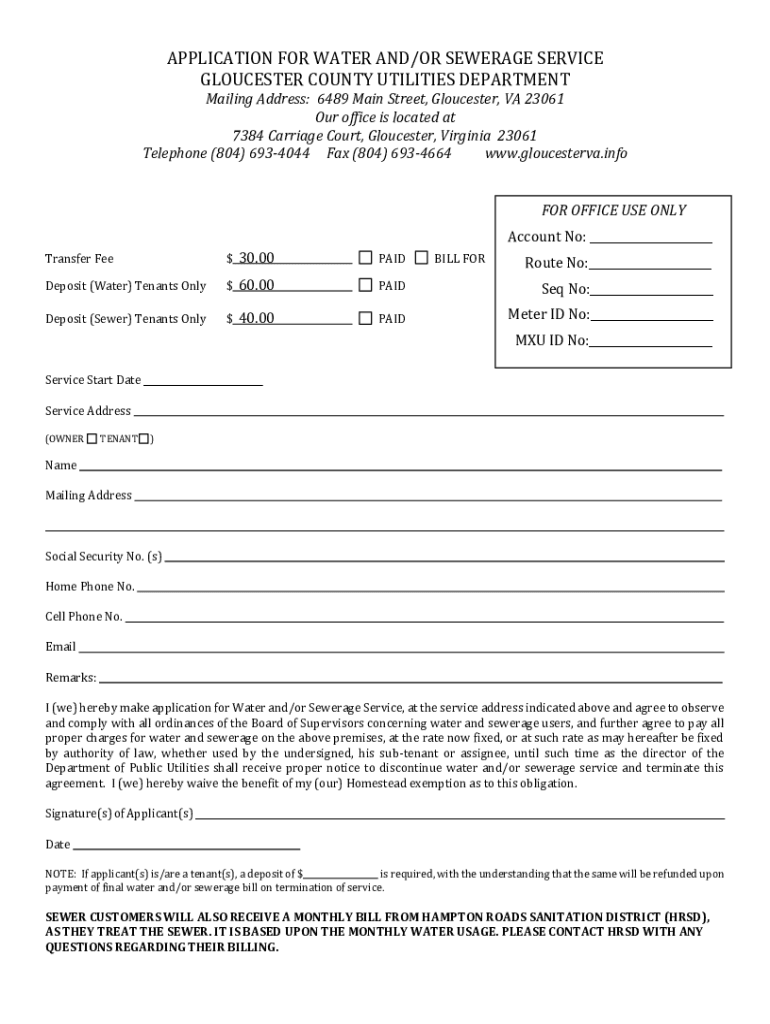 Fillable Online APPLICATION FOR WATER AND/OR SEWERAGE ... Fax Email ...