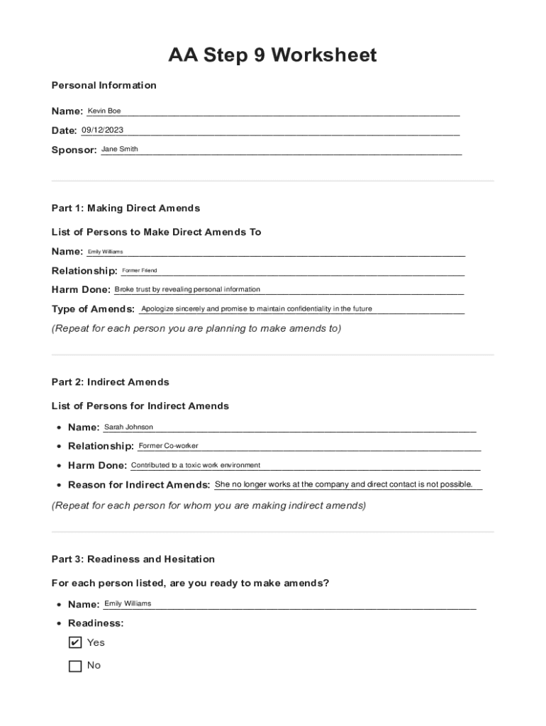 Fillable Online AA Step 9 Worksheet Fax Email Print - pdfFiller