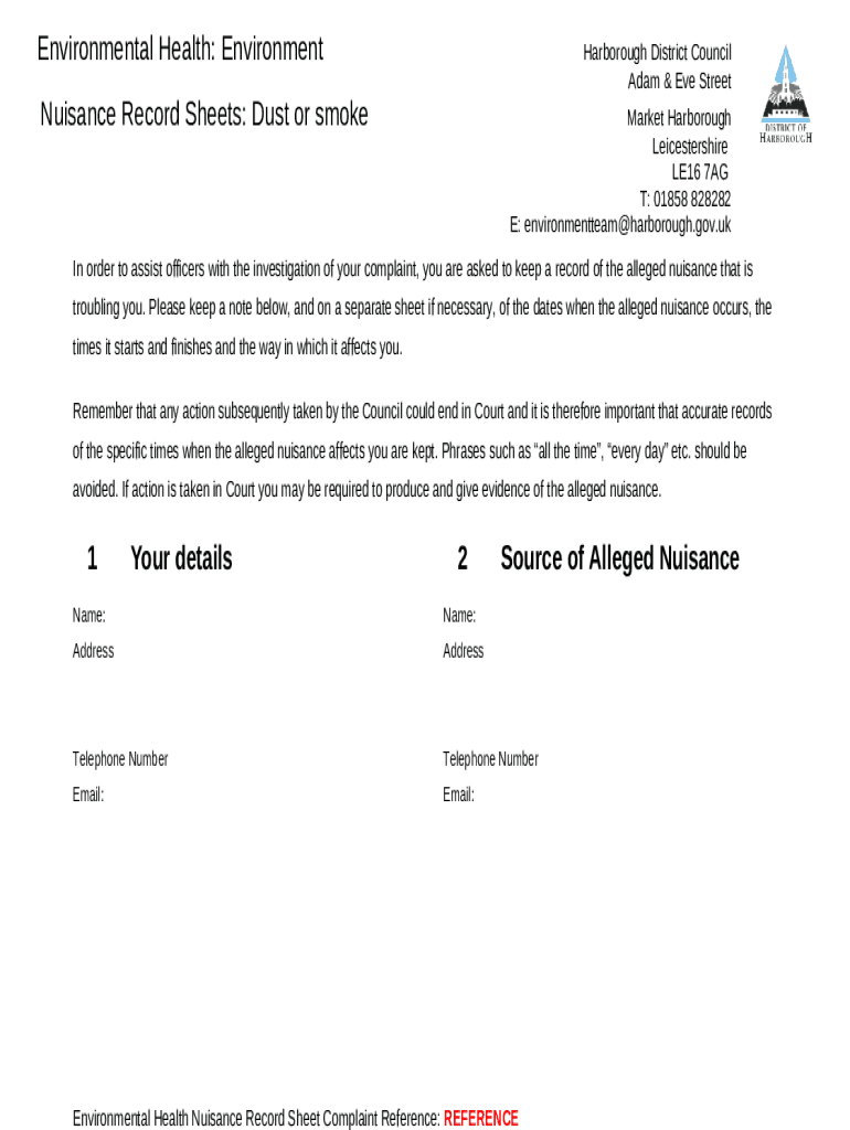 Nuisance Record Sheets Doc Template | pdfFiller