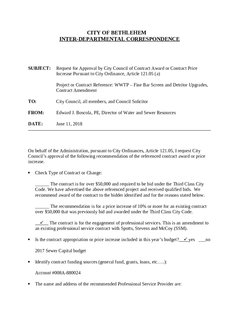 Project or Contract Reference: WWTP - Fine Bar Screen and Detritor Upgrades, Contract Amendment ...