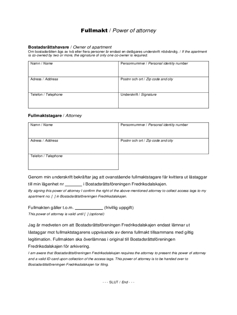 Fillable Online Fullmakt / Power of attorney Fax Email Print - pdfFiller