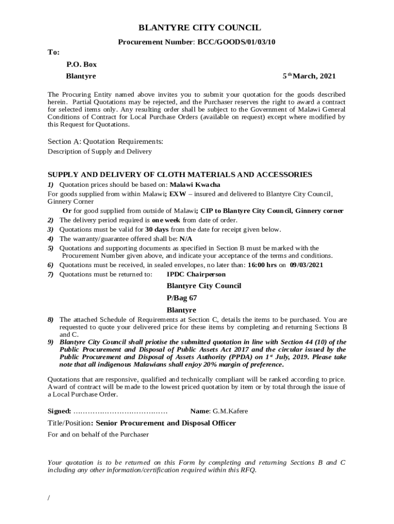 REQUEST FOR QUOTATIONS Goods - Blantyre City Council Doc Template ...