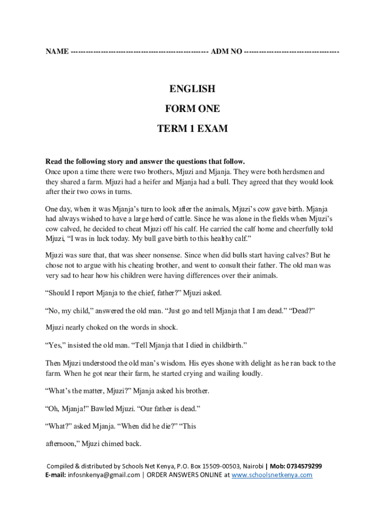 Fillable Online ENGLISH FORM ONE TERM 1 EXAM Fax Email Print - pdfFiller