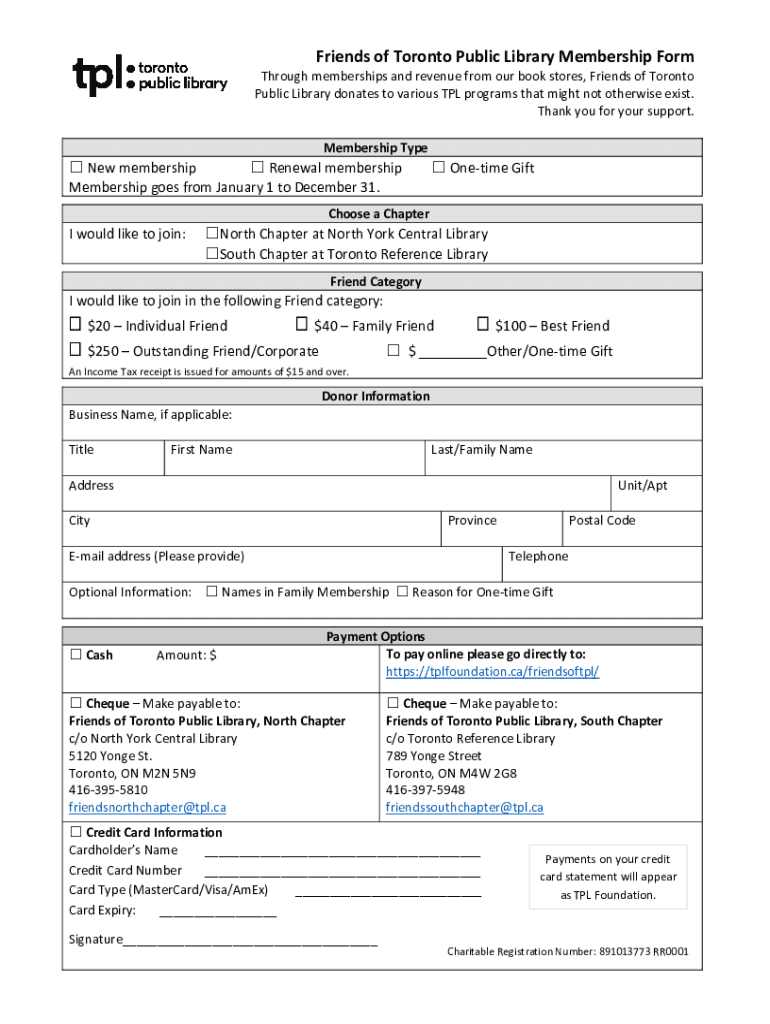 Fillable Online Friends of Toronto Public Library Membership Form Fax ...