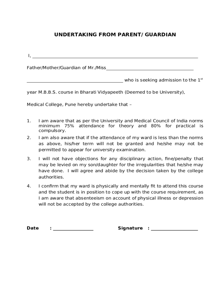at of undertaking by parent/guardian of the candidate/ ... Doc Template ...