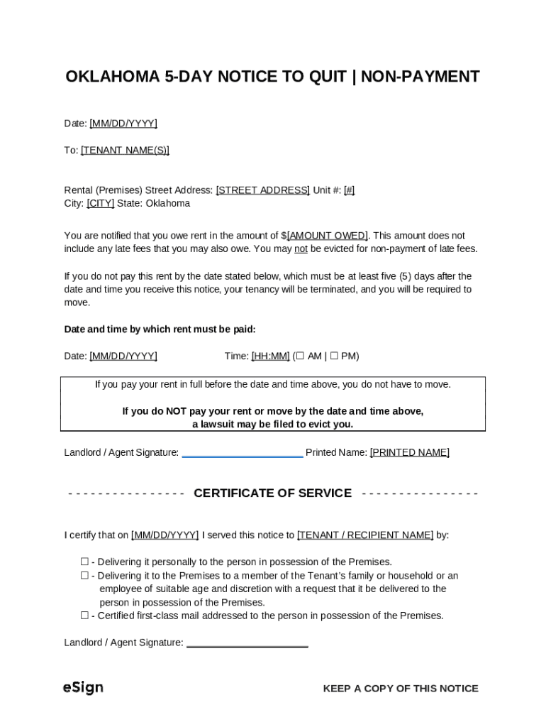 Oklahoma 5-Day Notice to Pay Rent or Quit - PublicLegal Doc Template ...