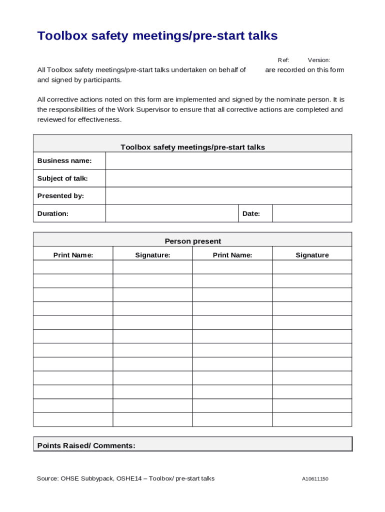 Toolbox-pre start talks Doc Template | pdfFiller