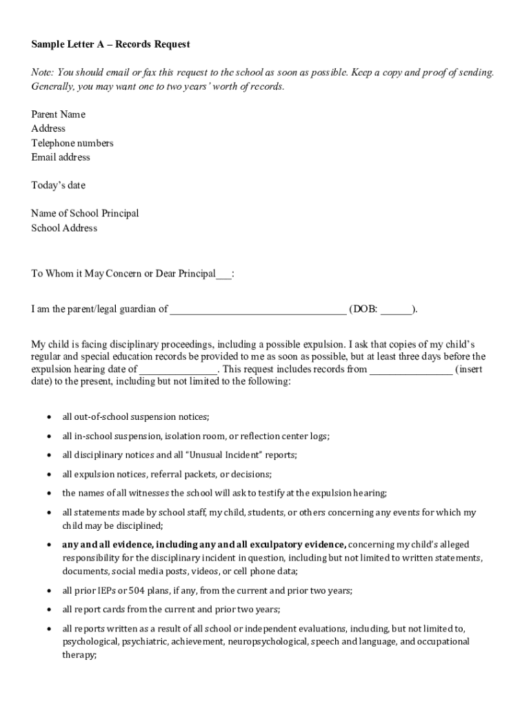Fillable Online Sample Letter for Request for Records Fax Email Print ...