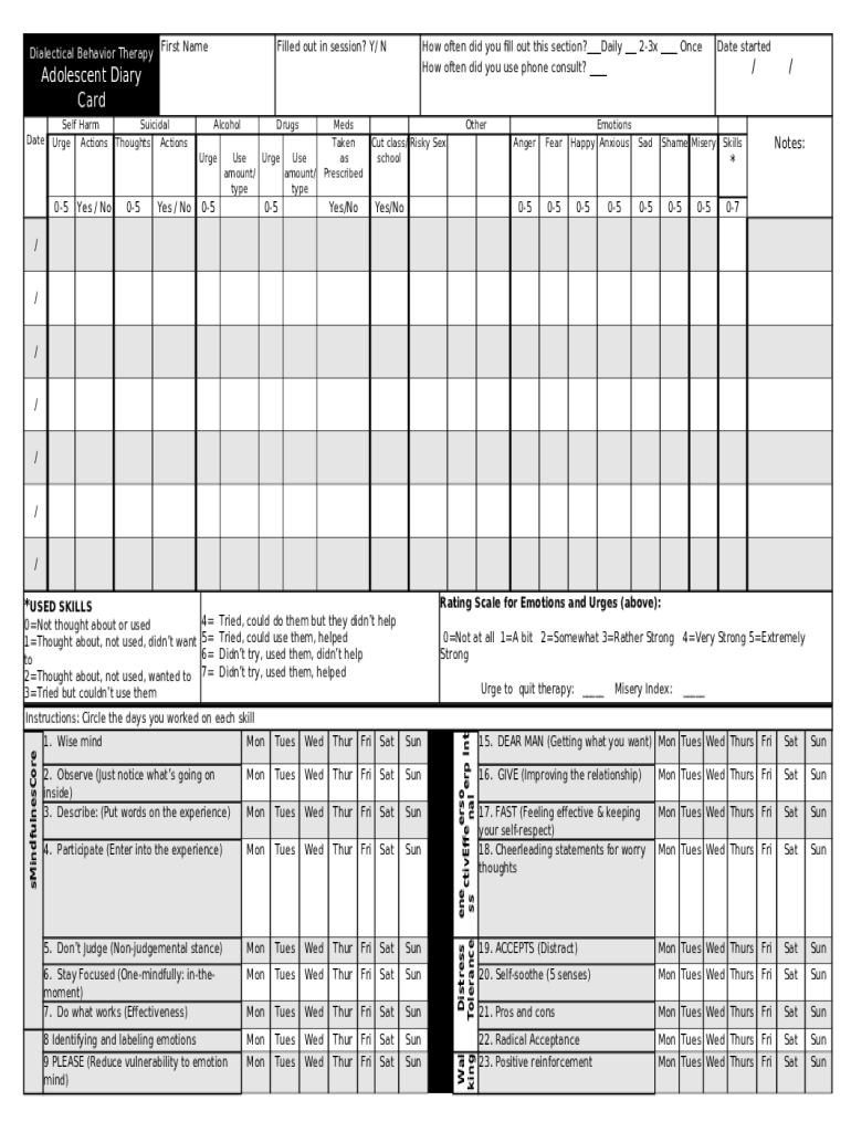 Dbt Diary Card PDF Adolescent - Fill Out and Sign ... Doc Template ...