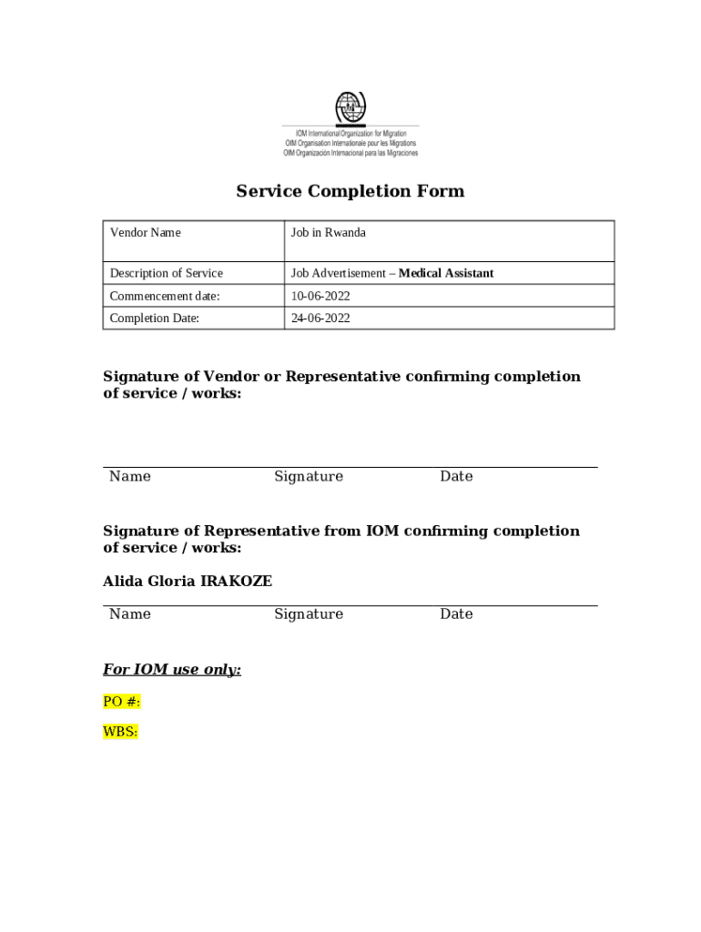 Service Completion Doc Template | pdfFiller