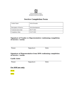 Signature of Vendor or Representative confirming completion of service ...