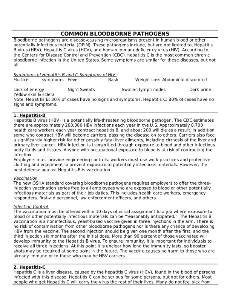 MIOSHA Fact Sheet - Bloodborne Infectious Diseases Doc Template | pdfFiller