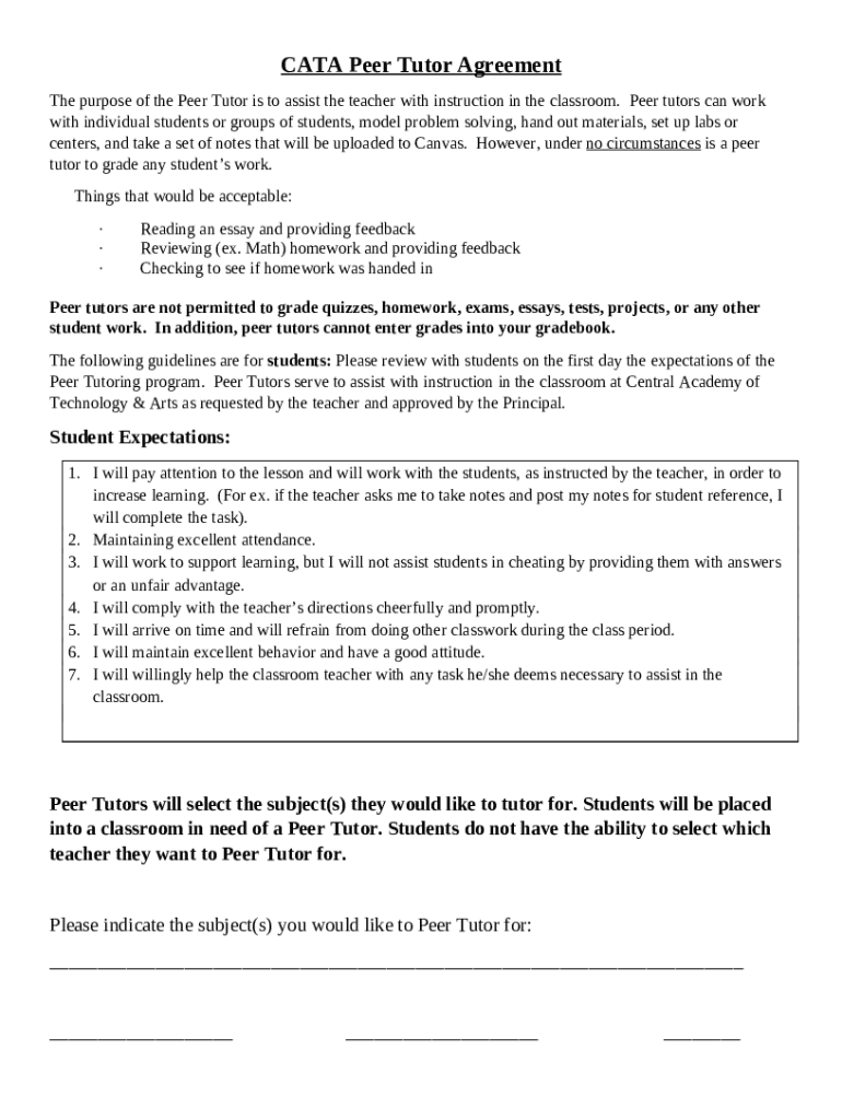 CATA Peer Tutor Agreement Doc Template | pdfFiller
