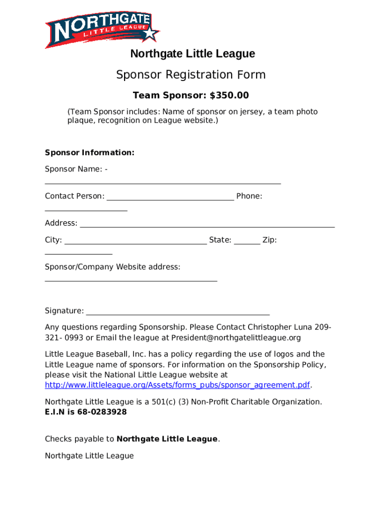 Northgate Little League Sponsor Registration Doc Template | pdfFiller