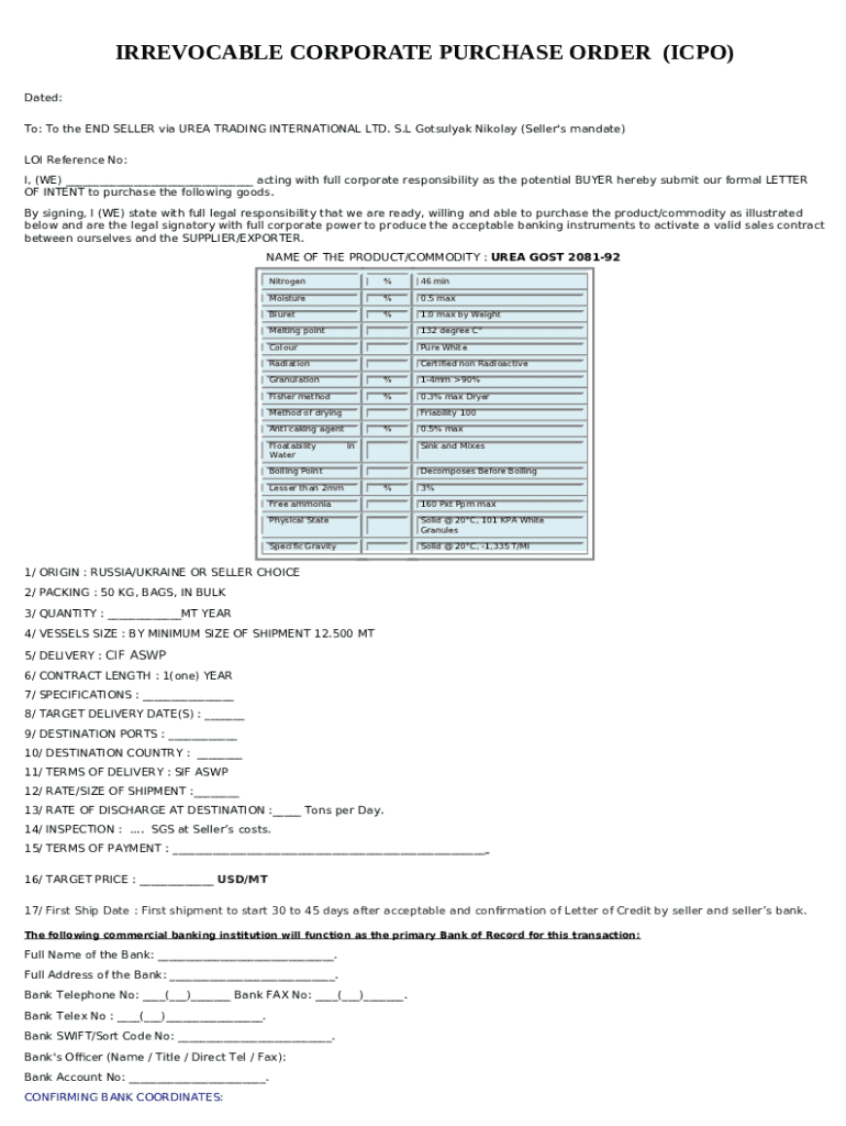 Sample ICPO for a Urea-46 Doc Template | pdfFiller