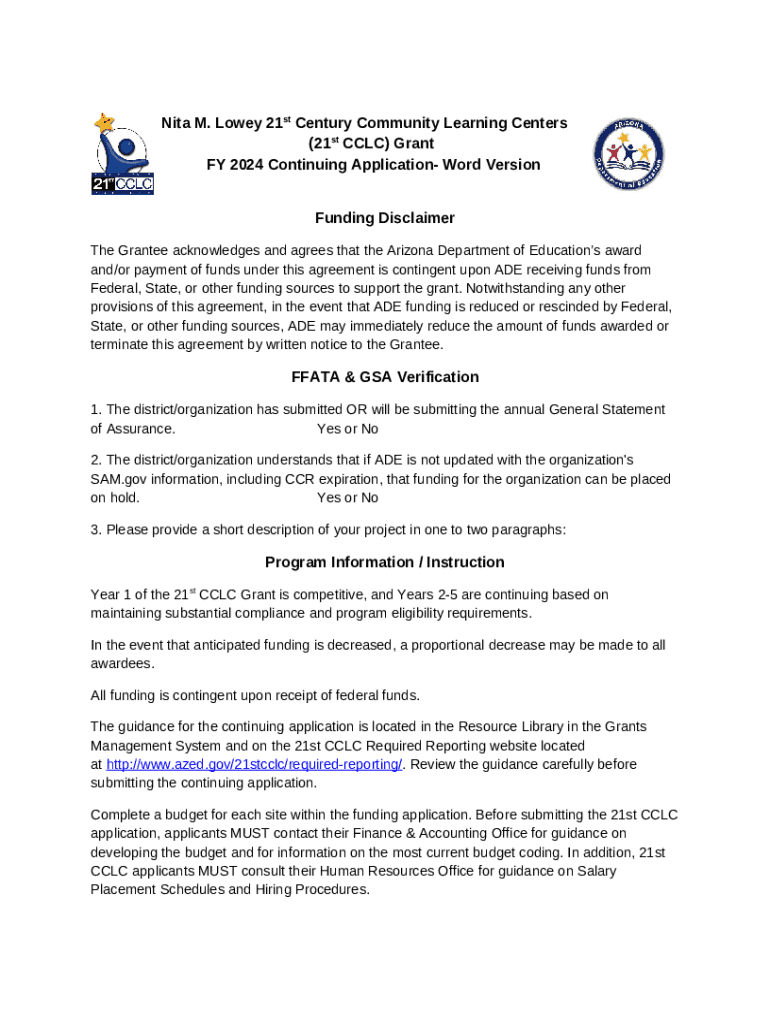 21st CCLC FY2024 Continuing Grant Application (Word ... Doc Template ...