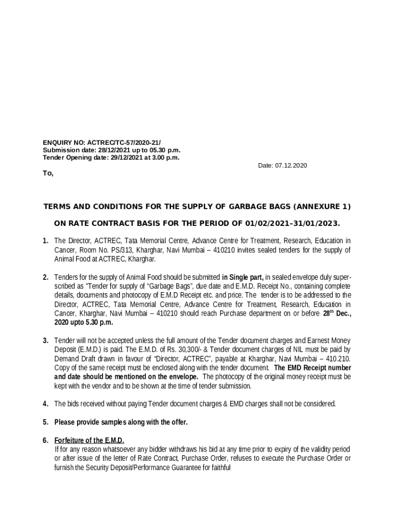 TERMS AND CONDITIONS FOR THE SUPPLY OF GARBAGE BAGS (ANNEXURE 1) Doc Template | pdfFiller