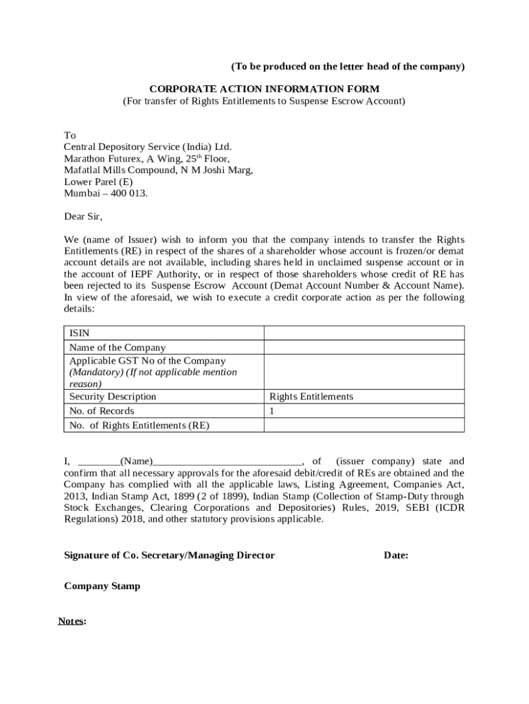Corporate Action Ination - Credit of Right shares to ... Doc Template | pdfFiller