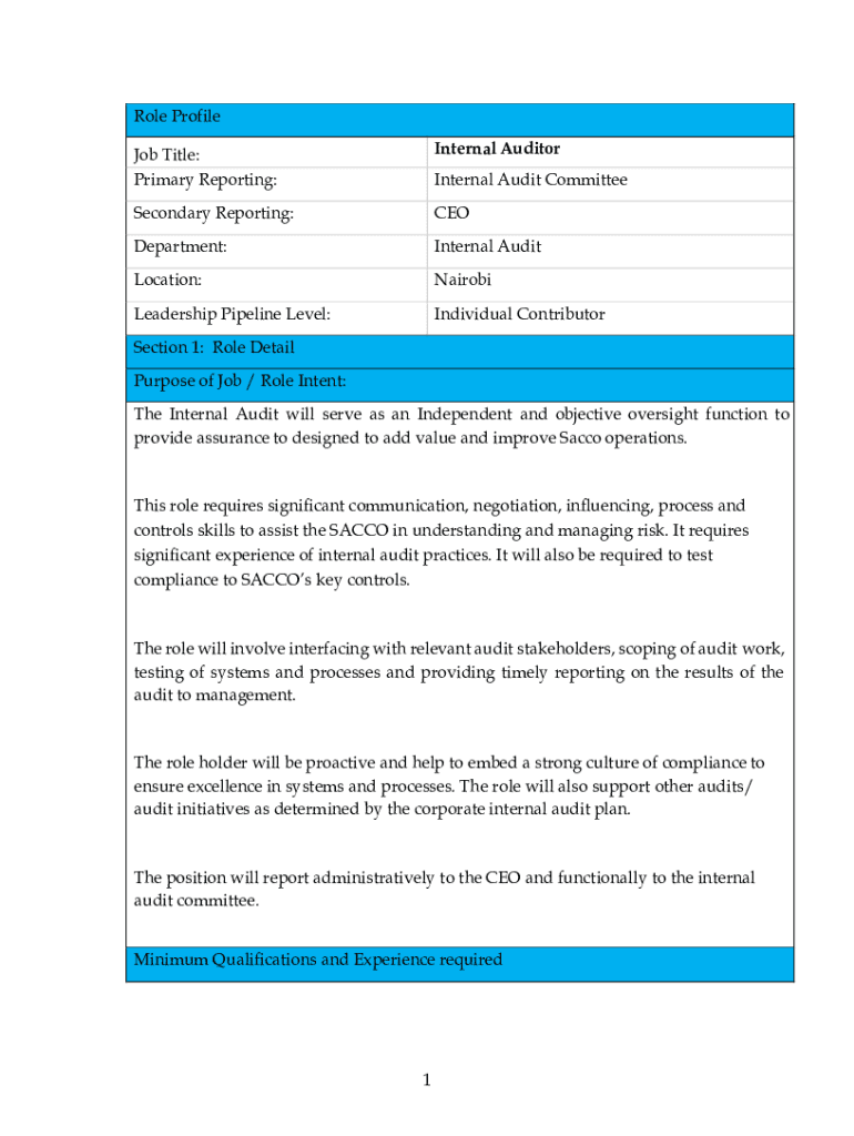 Fillable Online 1 Role Profile Job Title: Internal Auditor Primary Reporting: ... Fax Email ...
