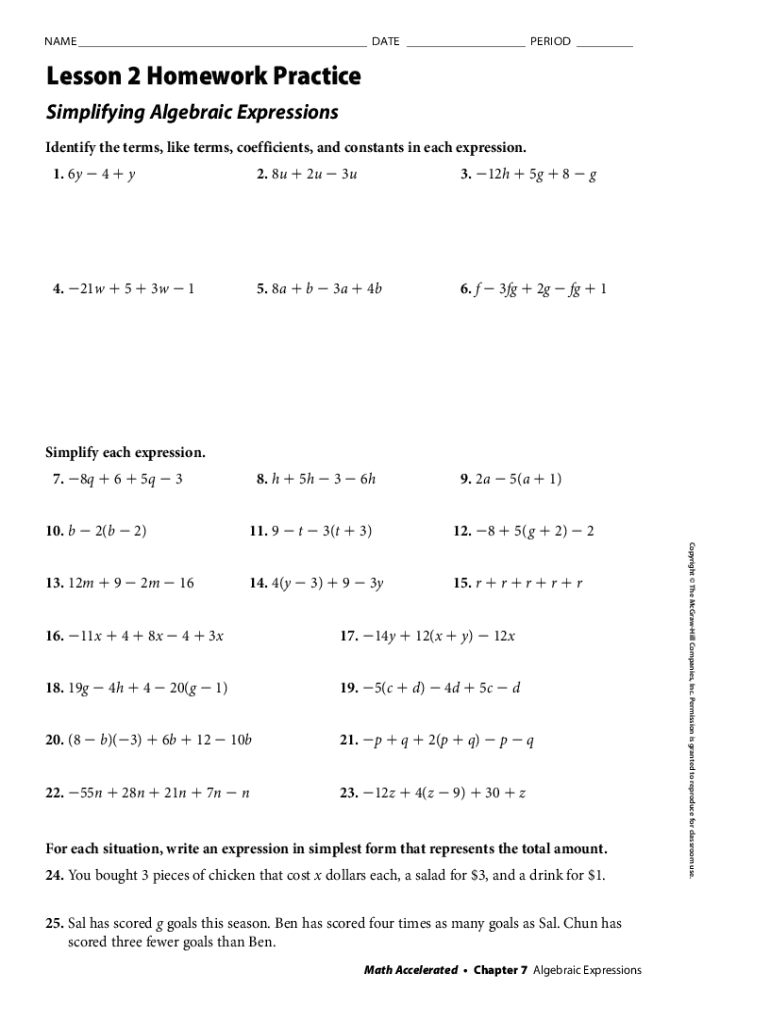 Fillable Online Homework: Simplifying Algebraic Expressions Fax Email ...