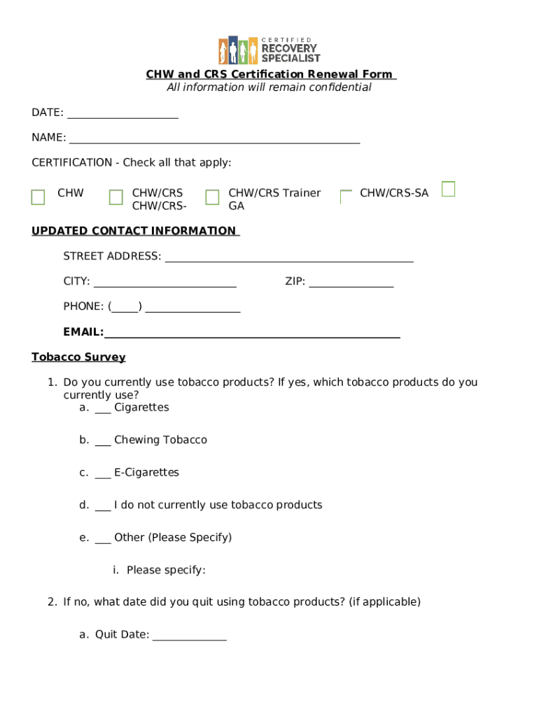 Community Health Worker (CHW) Certificate Renewal Doc Template | pdfFiller