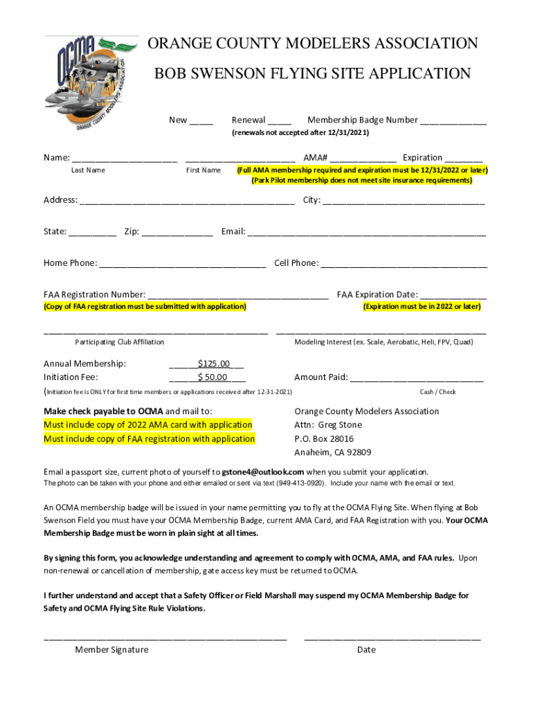 Fillable Online ORANGE COUNTY MODELERS ASSOCIATION BOB ... Fax Email ...