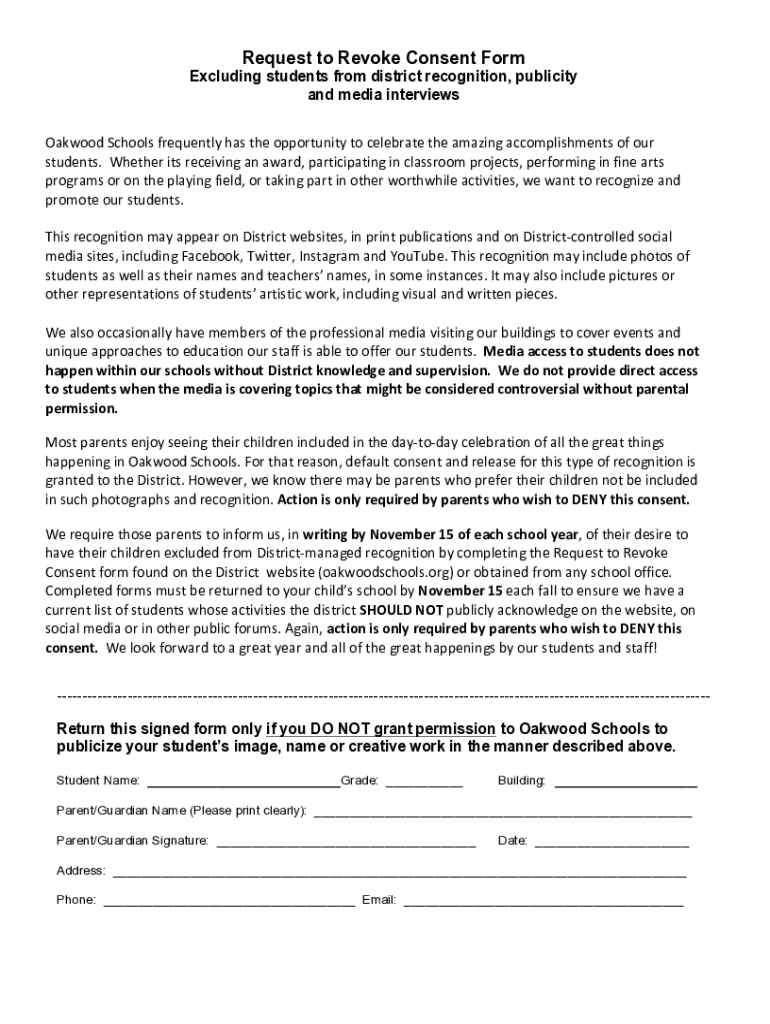 Fillable Online Request to Revoke Consent Form - Oakwood High School ...