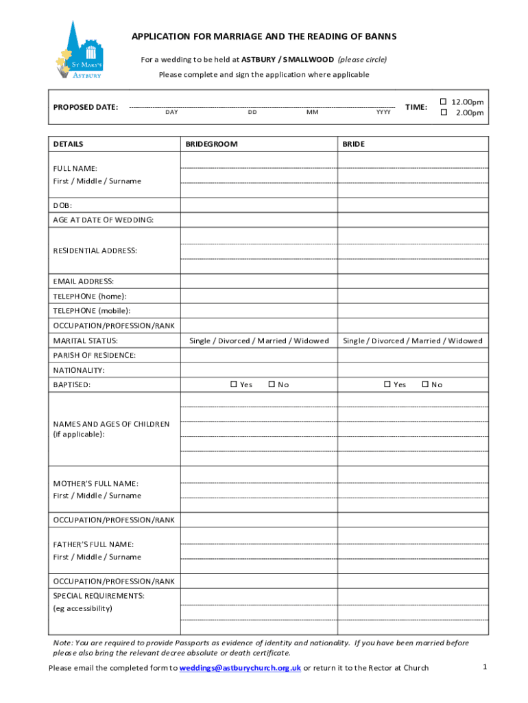 Fillable Online 2023 Astbury 1 Application Form for Marriage and Reading of Banns.docx Fax Email ...