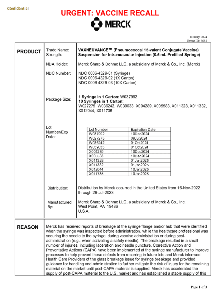 Fillable Online Expanded Vaccine Recall of Certain Lots of Merck's ...